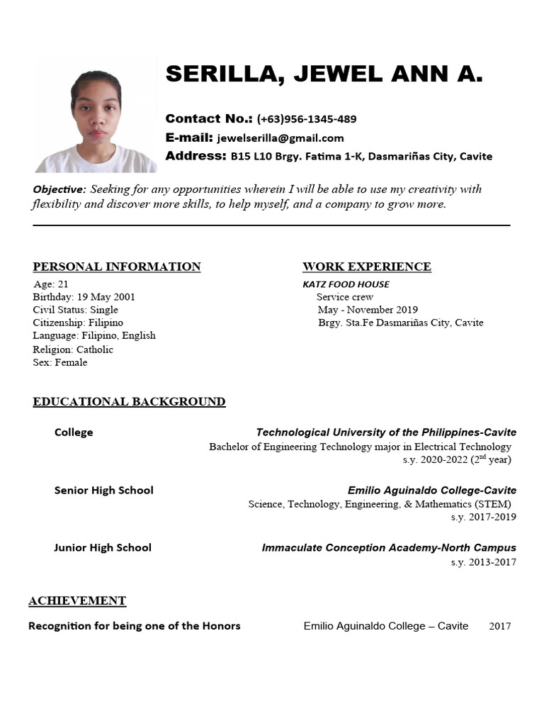 Serilla Jewel Ann A. CV | PDF | Cognition | Science