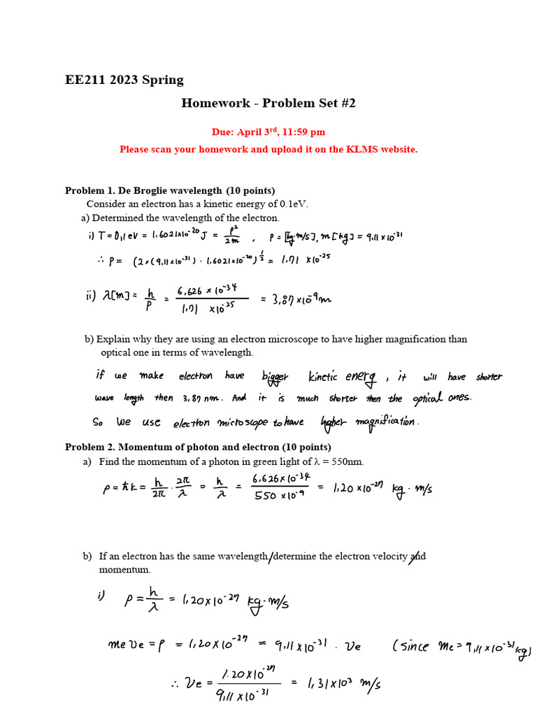 EE211 Homework Problem Set #2 | PDF | Uncertainty Principle | Electron