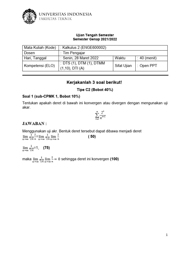 Ujian Kalkulus 2 2021/2022 | PDF