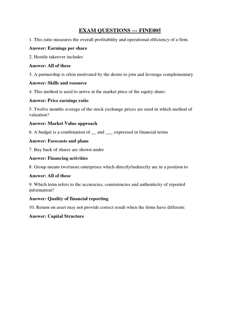 Exam Questions - Fine005 | PDF | Valuation (Finance) | Mergers And ...
