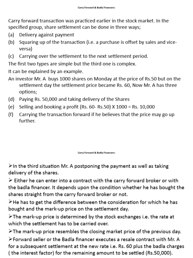 Carry Forward & Badla Transaction | PDF | Stocks | Short (Finance)