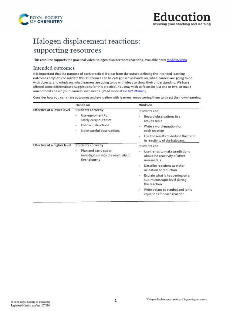 Halogen Displacement Reactions Guide | PDF | Iodine | Chlorine