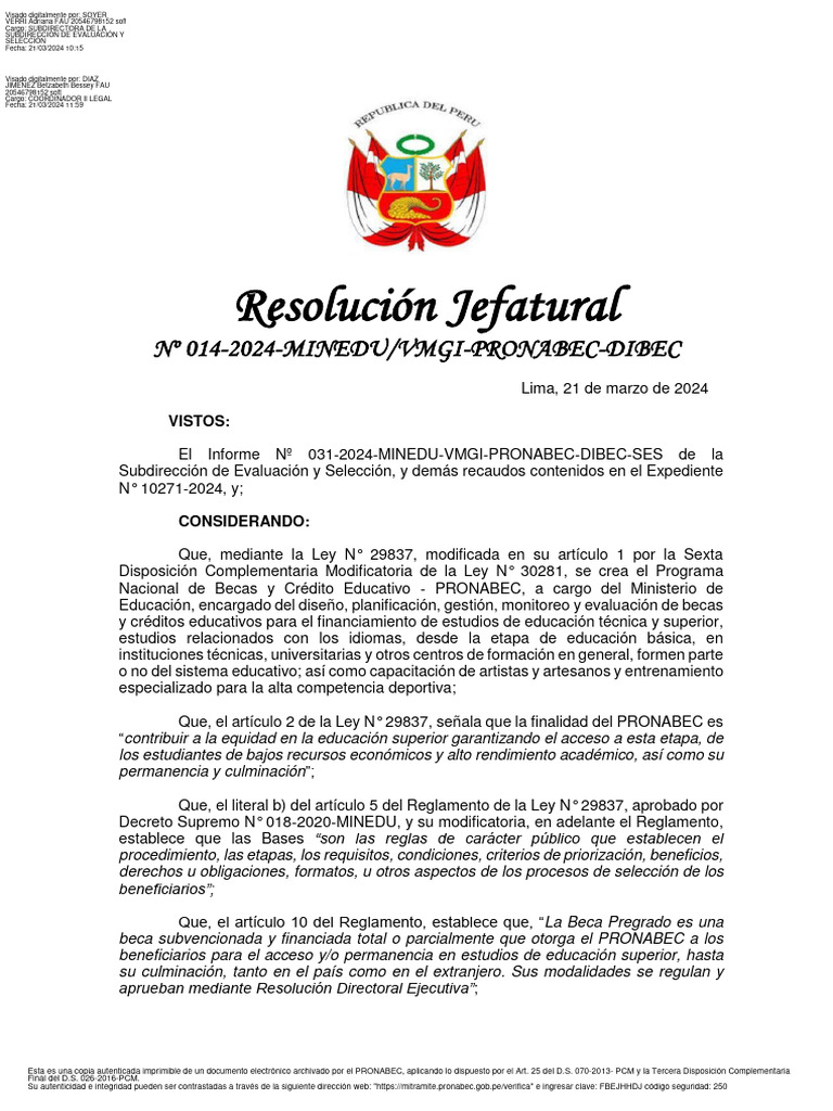 RJ N 014 2024 Minedu Vmgi Pronabec Dibec | PDF | Educación más alta