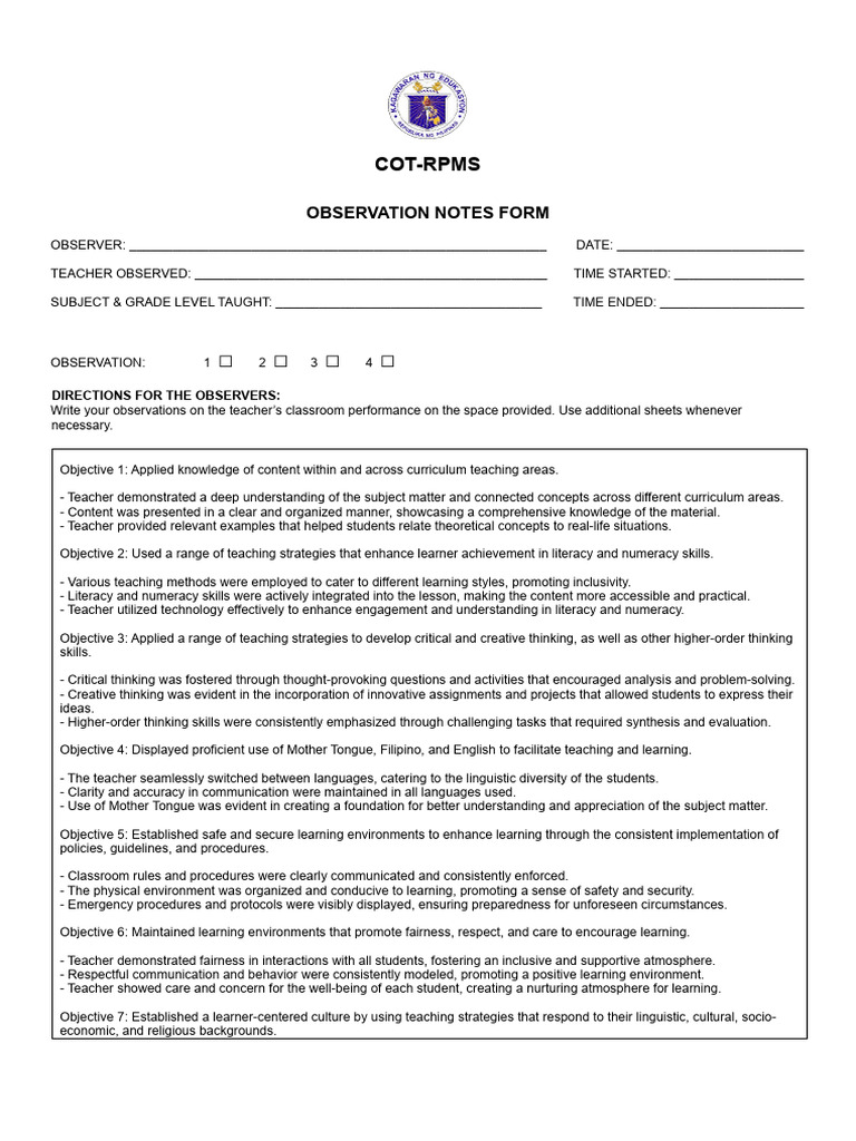 5.2 OBSERVATION NOTES SAMPLE #2 | PDF | Learning | Teachers