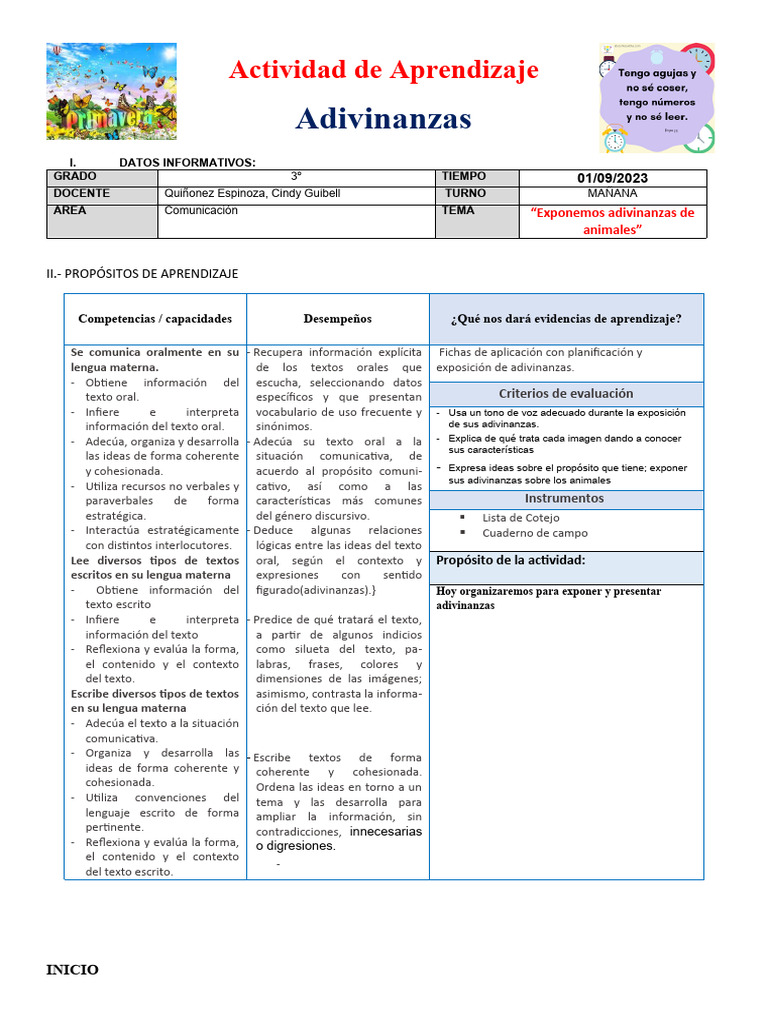 Actividad de Aoprendizaje Adivinanzas | PDF | Evaluación | Aprendizaje