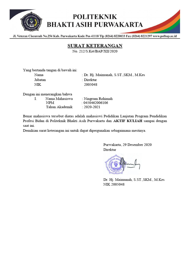 Surat Keterangan Mahasiswa Polbap | PDF | Bisnis