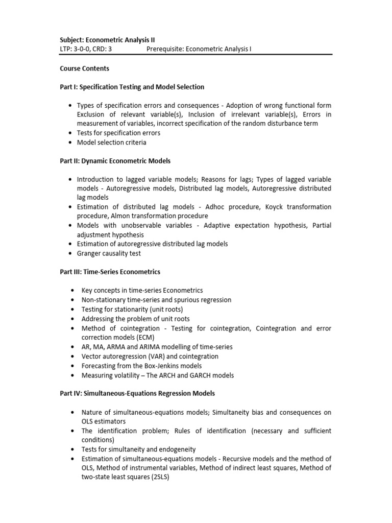 Econometric Analysis Ii Theory And Lab Course Outline Pdf Autoregressive Model Time Series