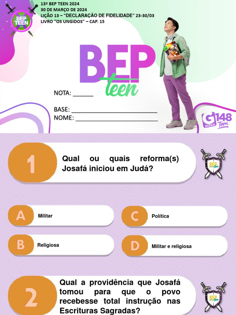 BEP Teen 2024: Lição 13 - Josafá | PDF | Elias