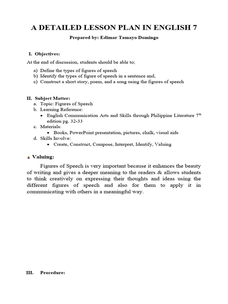 A Detailed Lesson Plan in English 7 (Grammar) | Download Free PDF | Irony | Metaphor