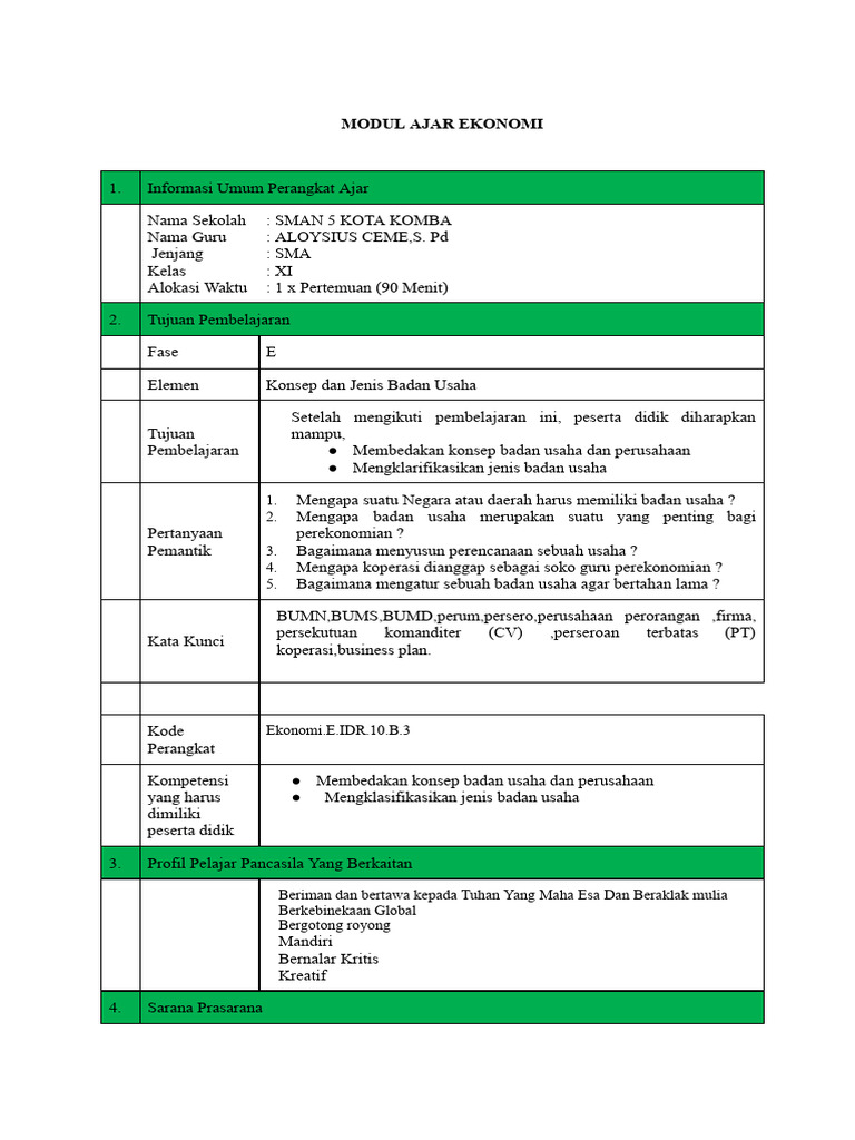 Modul Ajar Ekonomi Kelas Xi | PDF