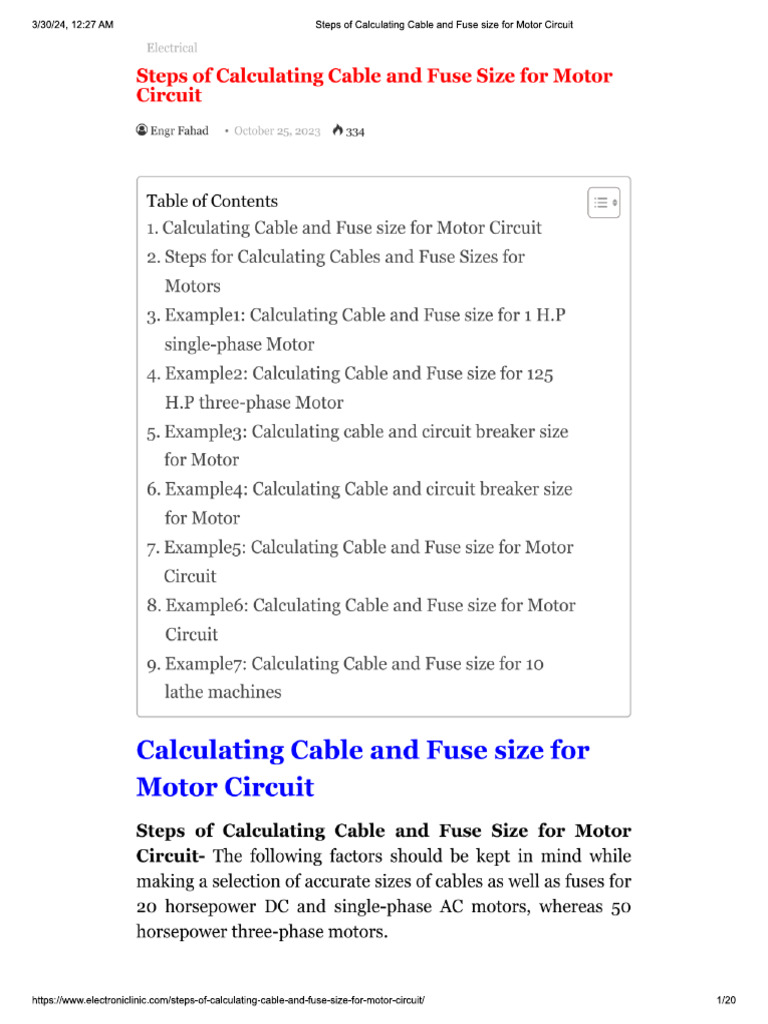 Steps of Calculating Cable and Fuse Size For Motor Circuit | PDF