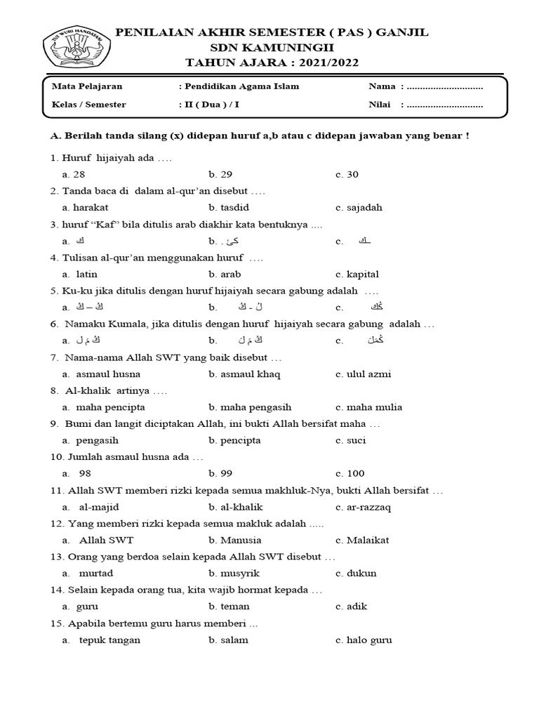 25+ Contoh Soal UAS PAI Kelas 2 SD MI Dan Kunci Jawaban | PDF | Agama & Spiritualitas