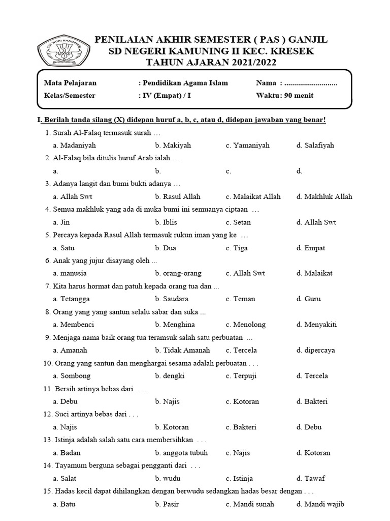 40+ Contoh Soal UAS PAI Kelas 4 SD MI Dan Kunci Jawaban | PDF