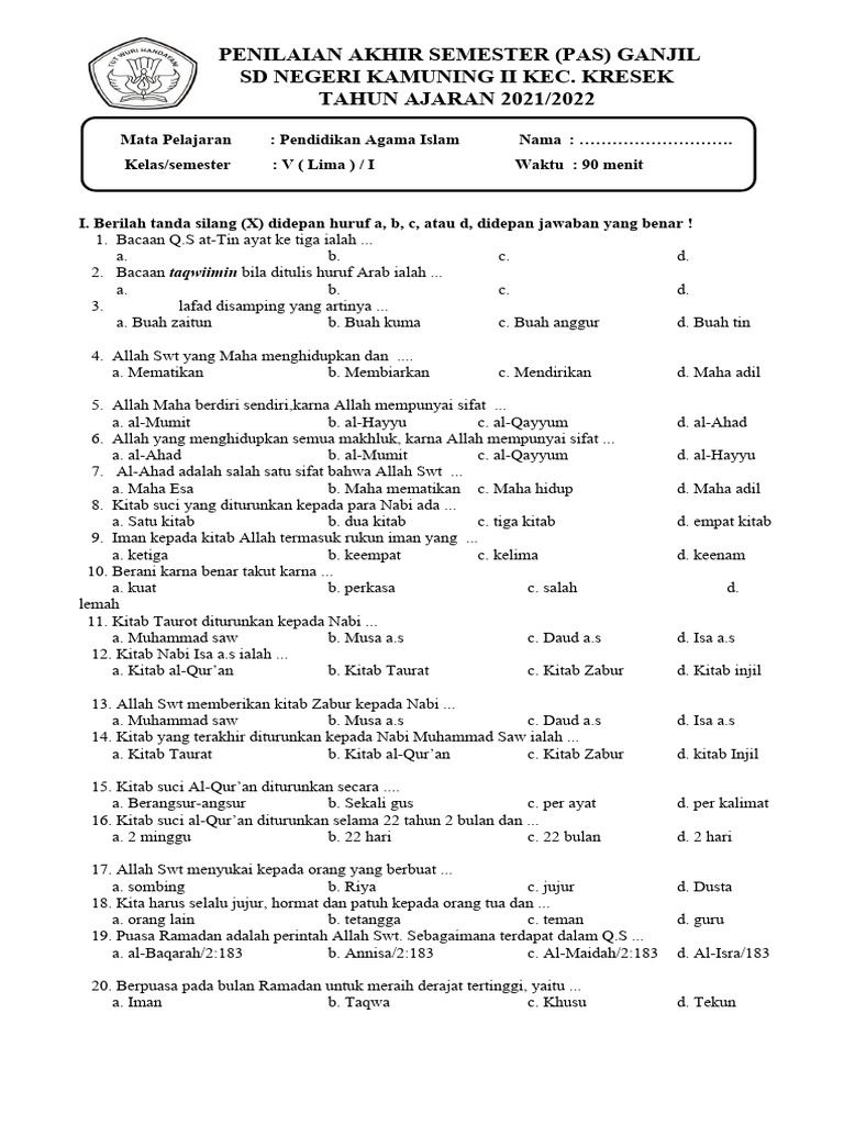 45+ Contoh Soal UAS PAI Kelas 5 SD MI Dan Kunci Jawaban | PDF | Agama & Spiritualitas
