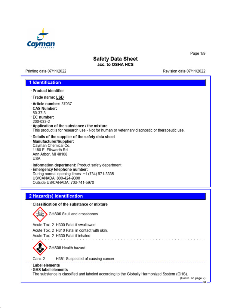 LSD Safety Data Sheet Overview | PDF | Dangerous Goods | Working Conditions
