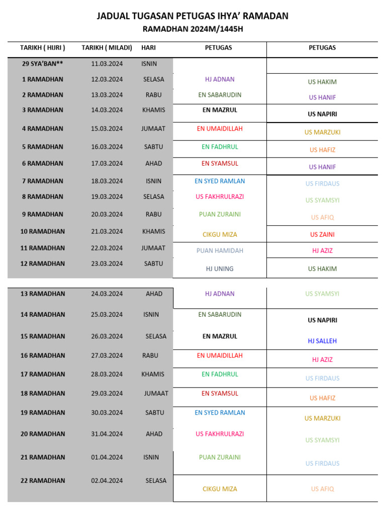 Jadual Petugas Ihya Ramadhan 2024 | PDF