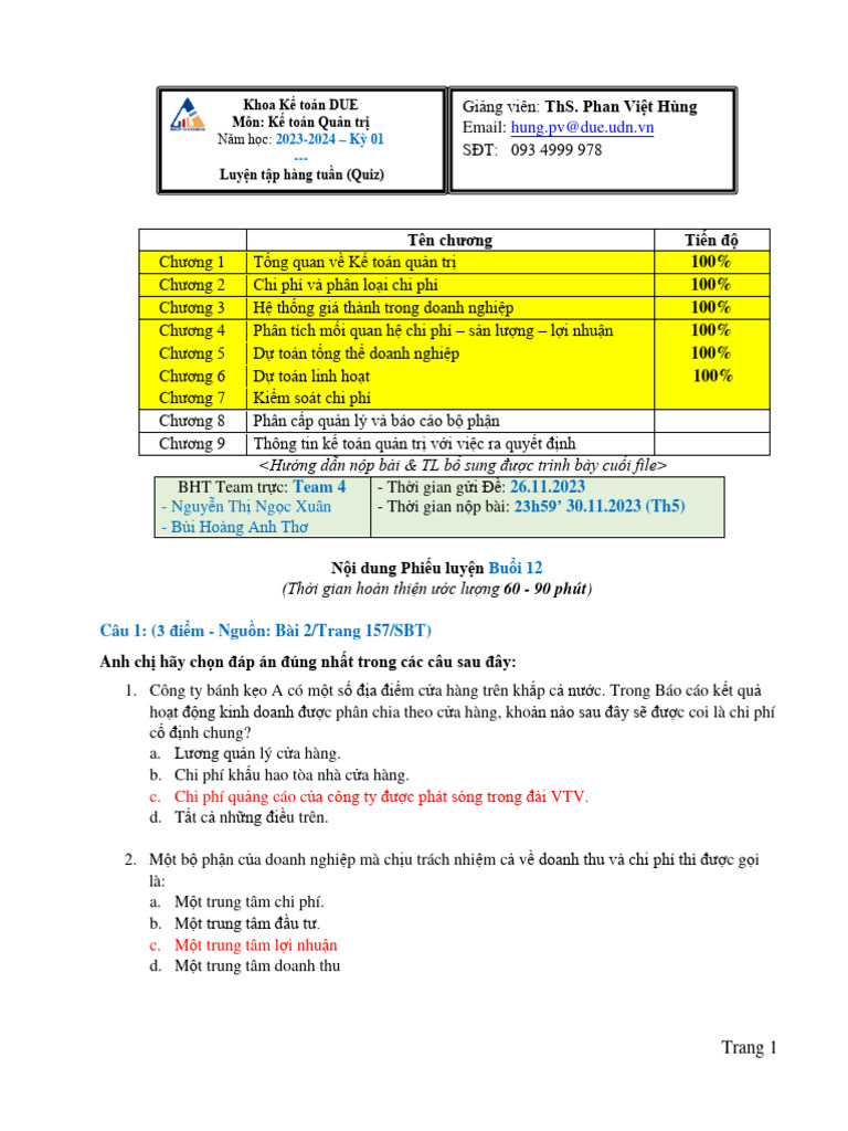 KTQT Buổi.12 Luyện Tập Đáp án | PDF