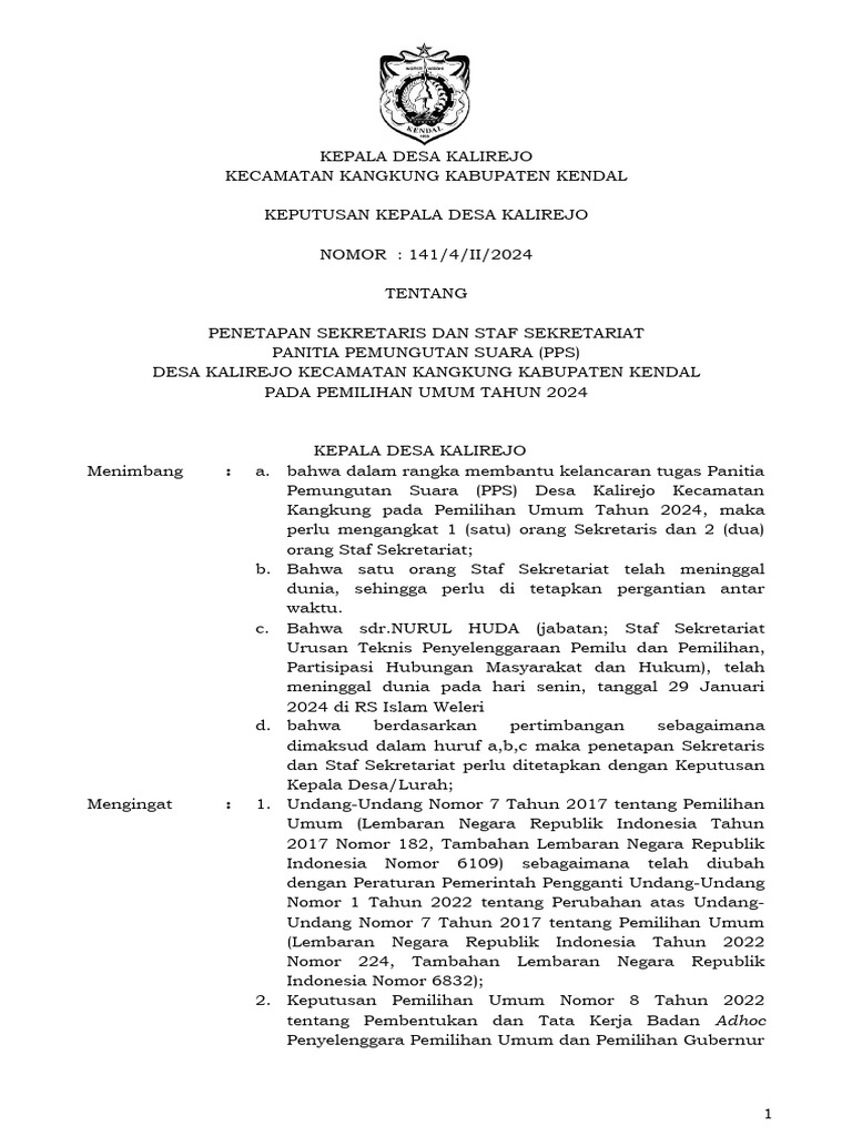 Format SK Pengangkatan Sekretariat PPS Pemilu 2024 | PDF