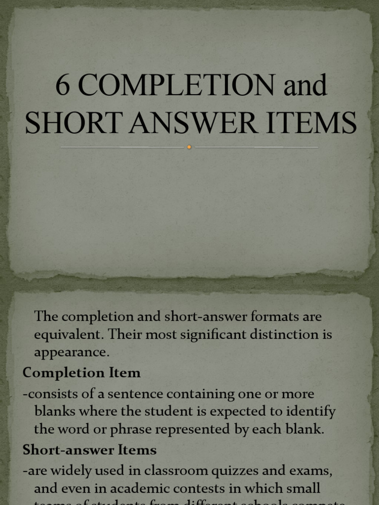 6 COMPLETION and SHORT ANSWER ITEMS | PDF | Multiple Choice | Human ...