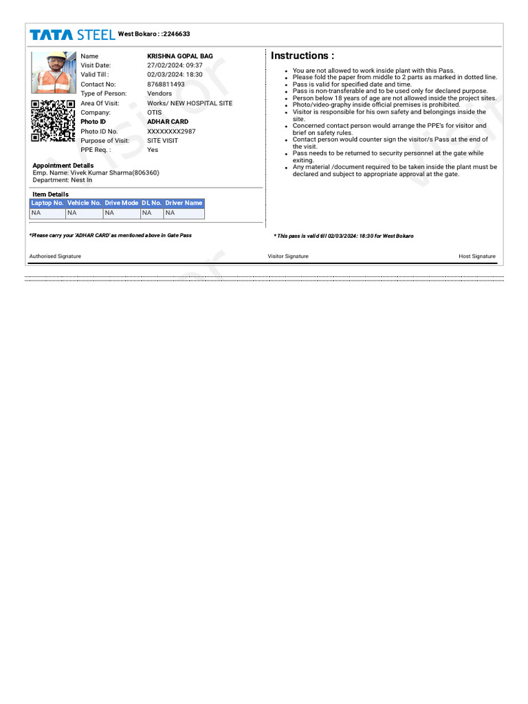 Tata Steel Visitor Gate Pass Details | PDF