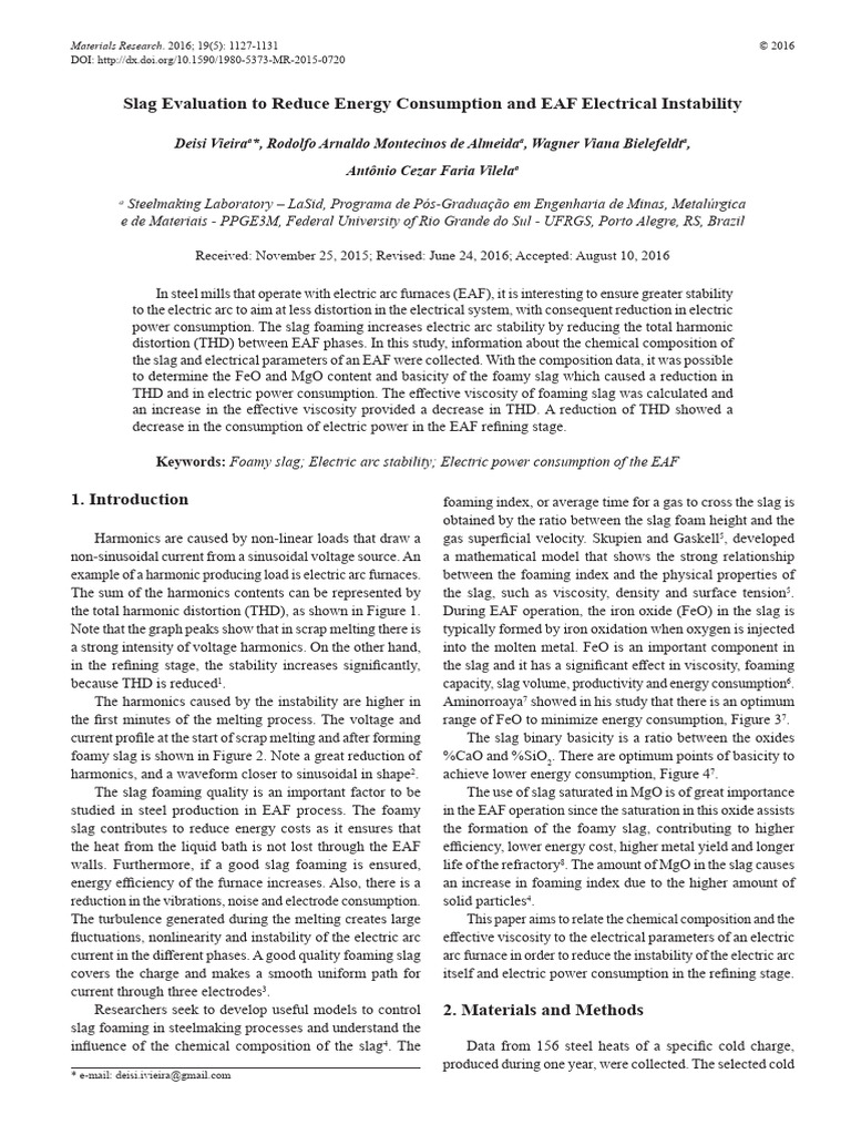 Slag Evaluation To Reduce Energy Consumption and EAF Electrical ...