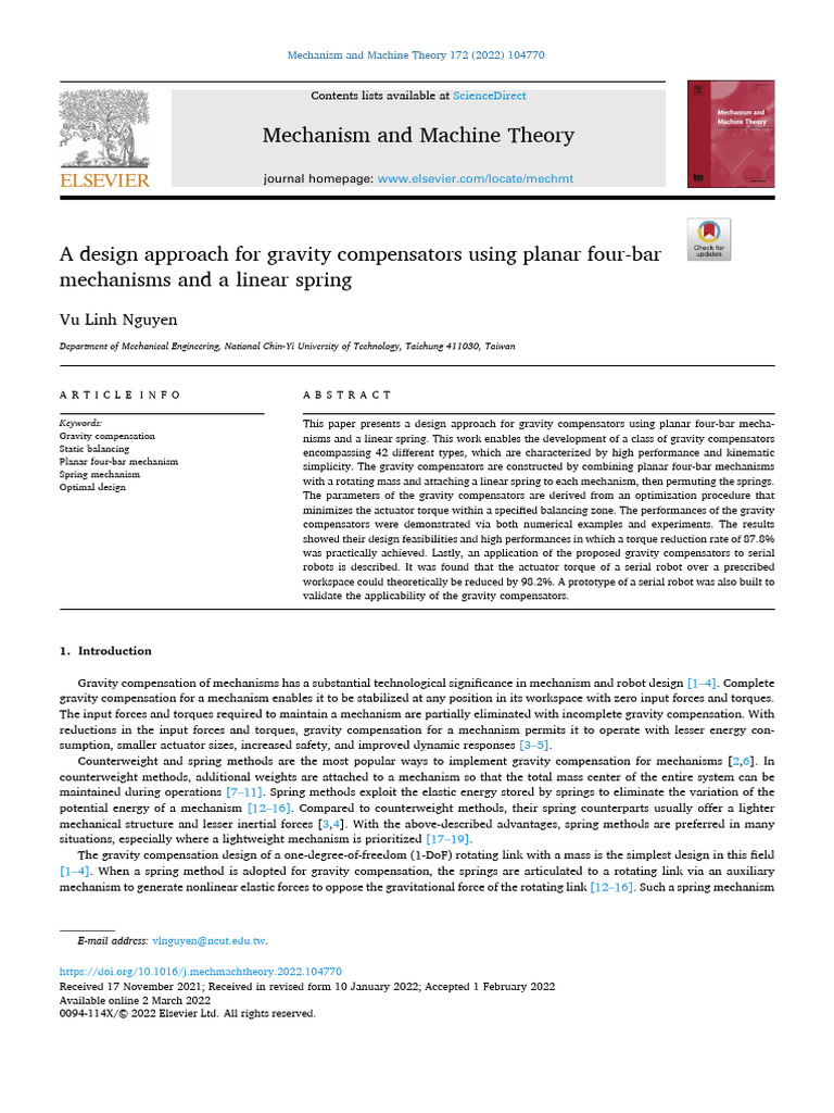 A Design Approach For Gravity Compensators Using Planar Four-Bar Mechanism and Linear Springs ...