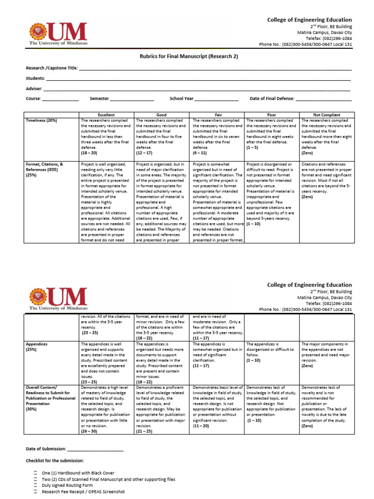 Rubrics For Research 2 Final Manuscript | PDF