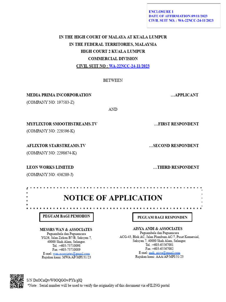Media Prima vs. MyFlixTor Lawsuit Notice | PDF | Justice | Crime & Violence