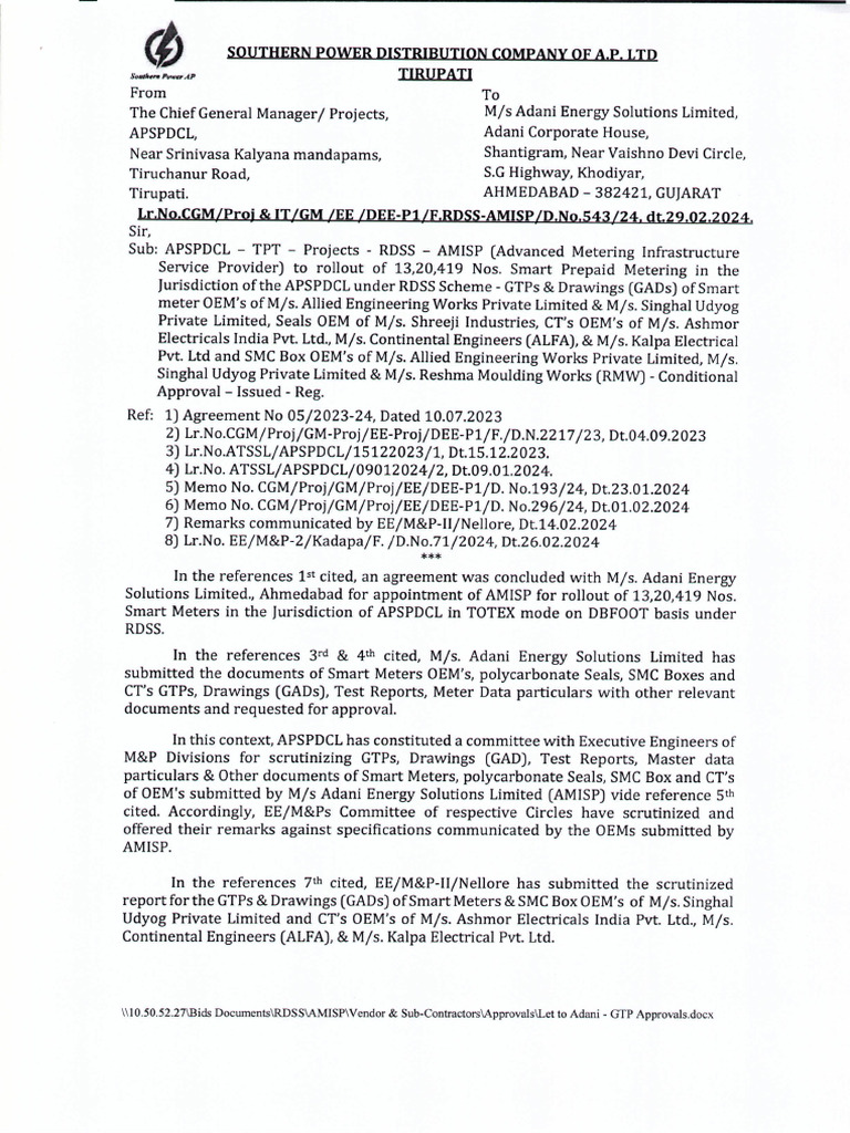 APSPDCL LR To AMISP Allied & Crystal - GTP & GAD Conditional Approval ...