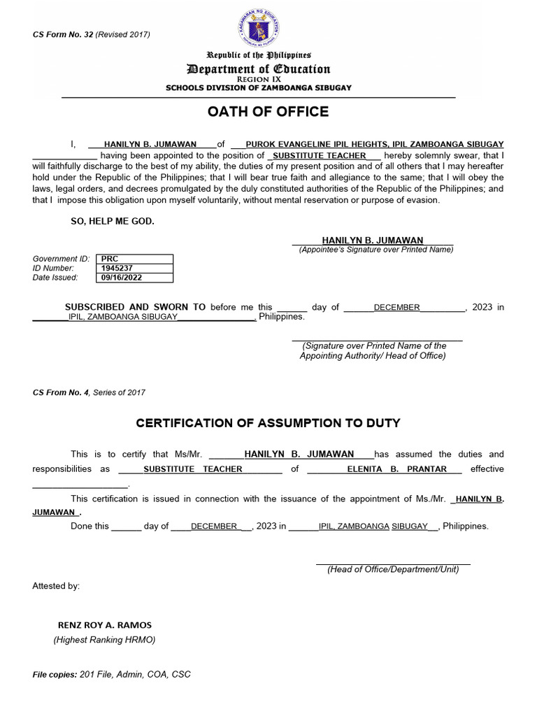 Joint Oath of Office and Assumption | PDF