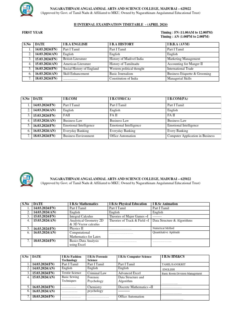 First Year II Internal TimeTable | PDF | Mathematics | Mathematical Analysis