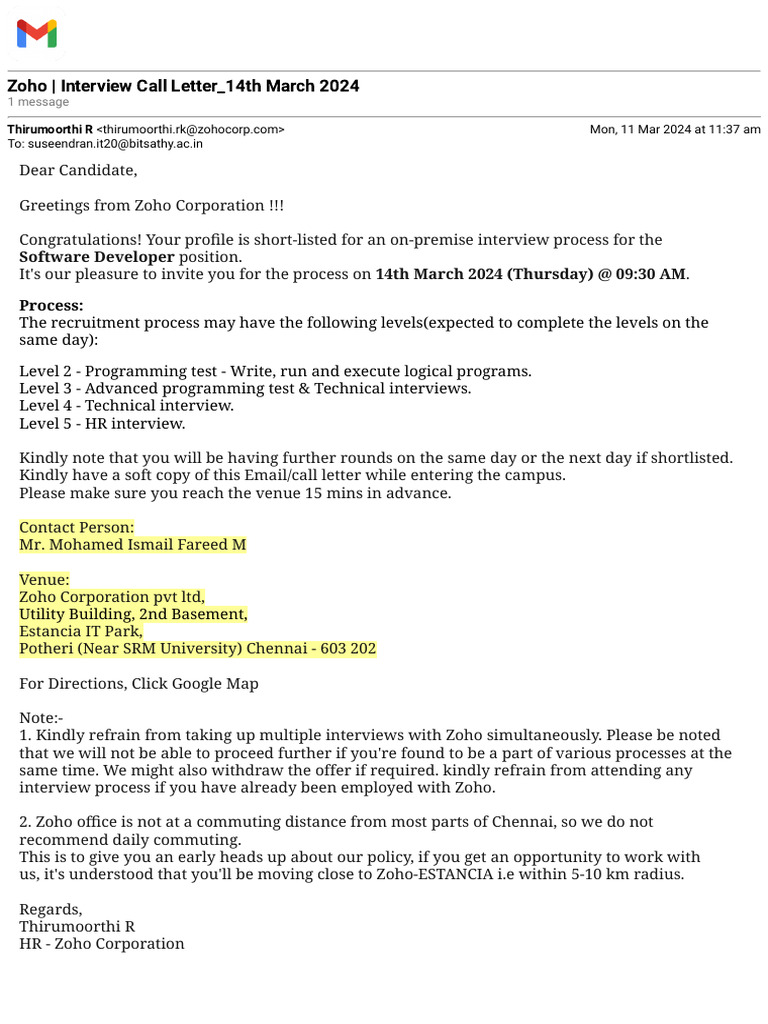 Gmail - Zoho - Interview Call Letter - 14th March 2024 | PDF Gmail - Zoho - Interview Call Letter - 14th March 2024 | PDF