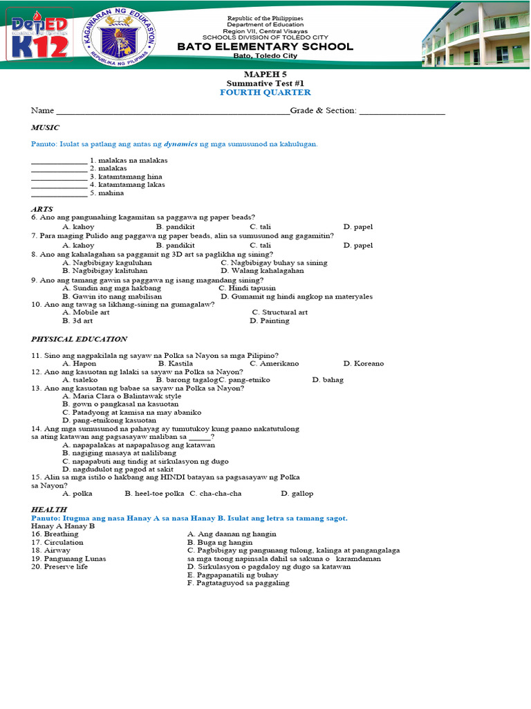 MAPEH5 Q4 1st SUMMATIVE | PDF