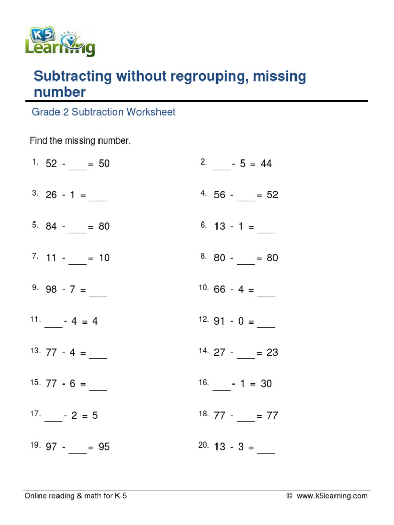 Grade 2 Subtracting 1 Digit From 2 Digit Missing Number No Regrouping F ...