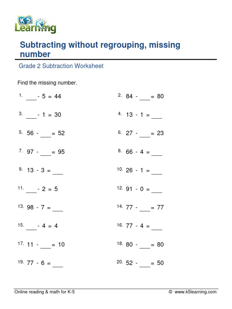 Grade 2 Subtracting 1 Digit From 2 Digit Missing Number No Regrouping e ...