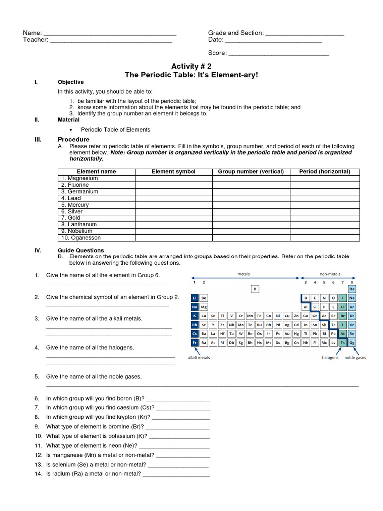 Performance Task 2 The Periodic Table Its Element Ary | PDF | Periodic ...