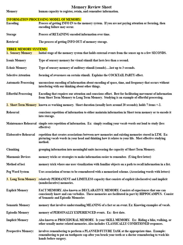 Memory Review Sheet | PDF | Memory | Recall (Memory)