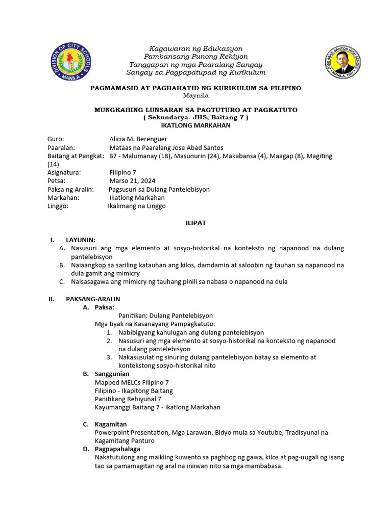 Cot A.berenguer 3RD Grading Dulang Pantelebisyon | PDF