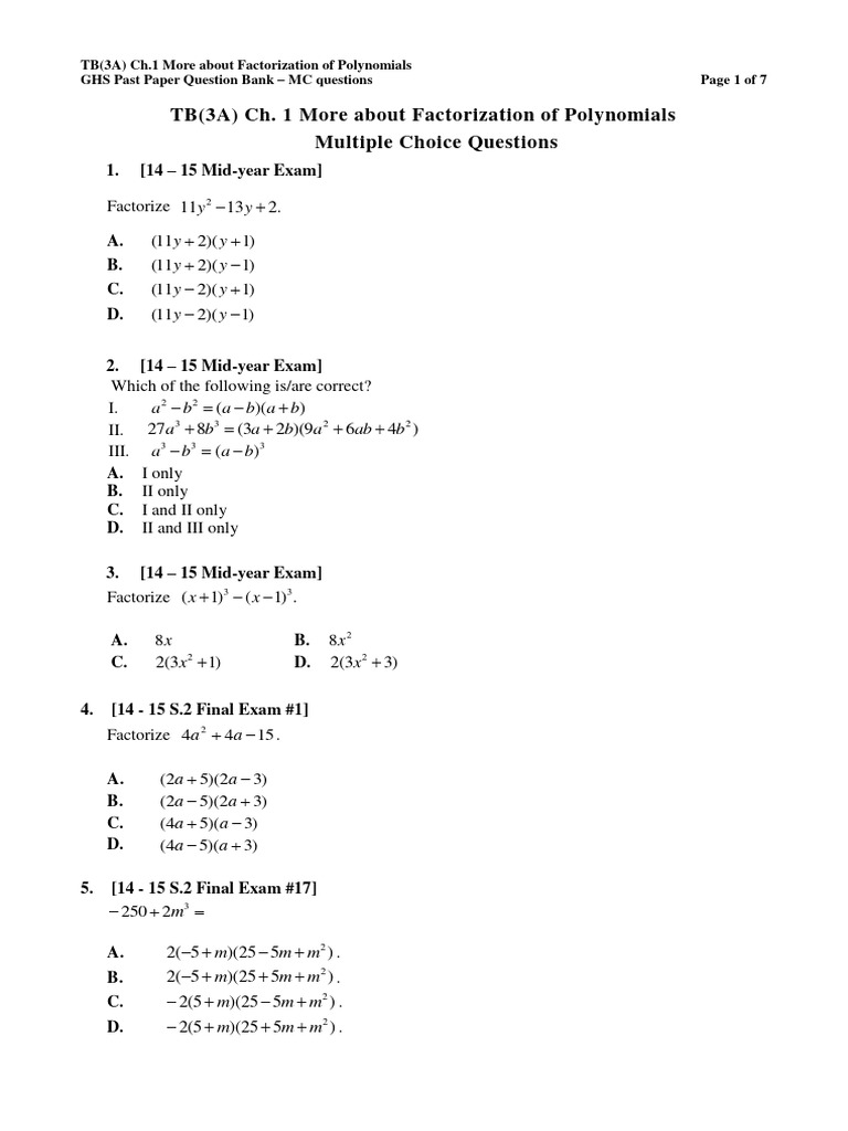 (14-19) 3A-Ch.1-More About Factorization of Polynomials - MC | PDF ...