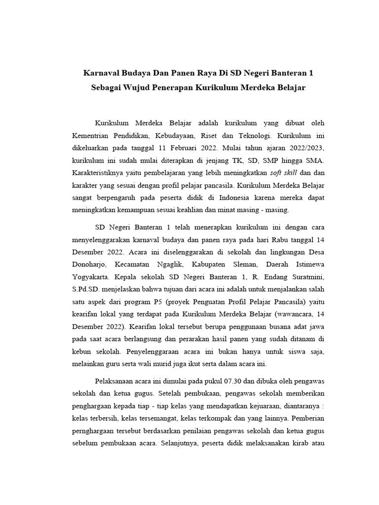 Karnaval Budaya Dan Panen Raya Di SD Negeri Banteran 1 Sebagai Wujud Penerapan Kurikulum Merdeka ...