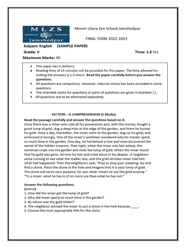 V - English - Sample Paper - Final Term | PDF