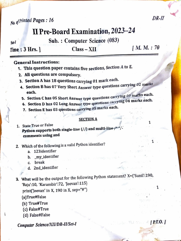 Pre-Board Exam Computer Science 2023-24 | PDF | Comma Separated Values | Computer Science