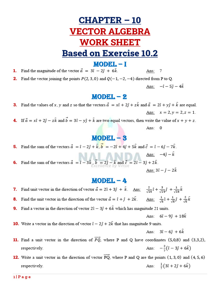 Vector Algebra Work Sheet-1 | PDF | Area | Euclidean Vector