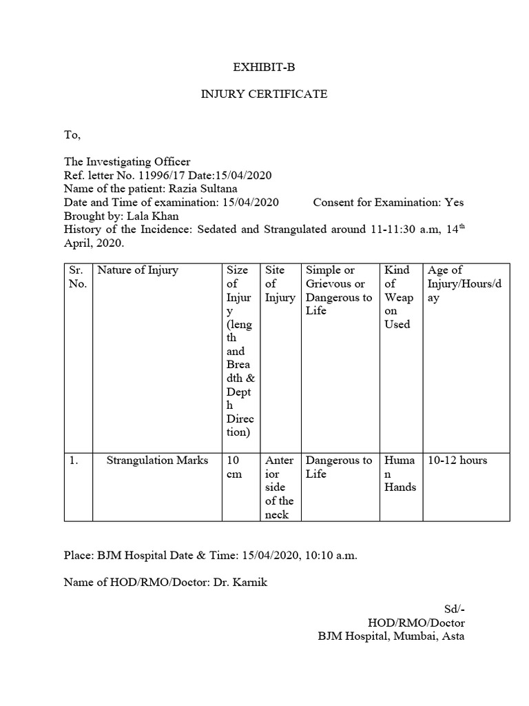 INJURY CERTIFICATE | PDF