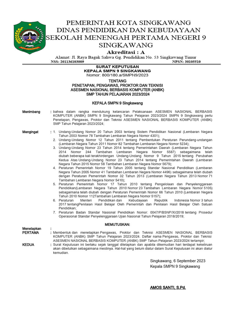 SK Penetapan Panitia, Pengawas, Teknisi, Dan Proktor | PDF