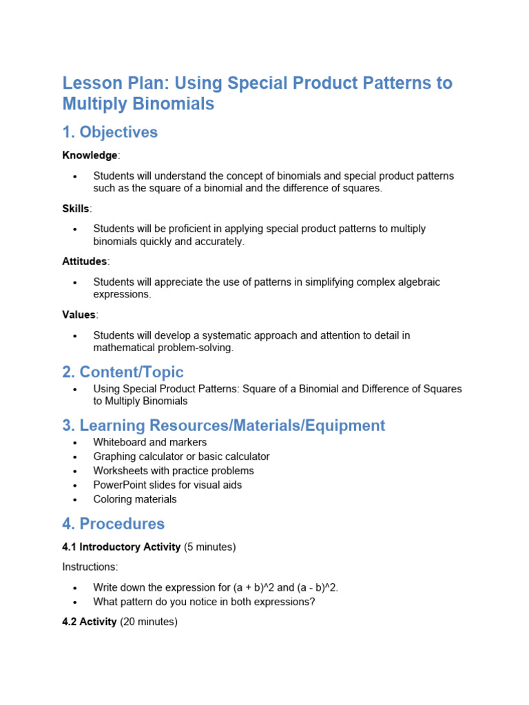 Using Special Product Patterns To Multiply Binomials | PDF ...