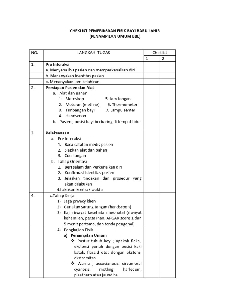 CHEKLIST PEMERIKSAAN FISIK BBL (Penampilan Umum) | PDF