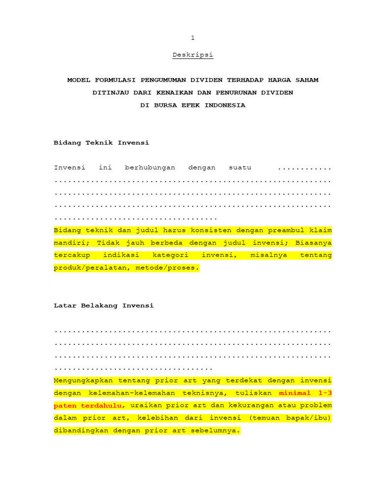 Template Deskripsi Paten + Formulasi Deviden | PDF