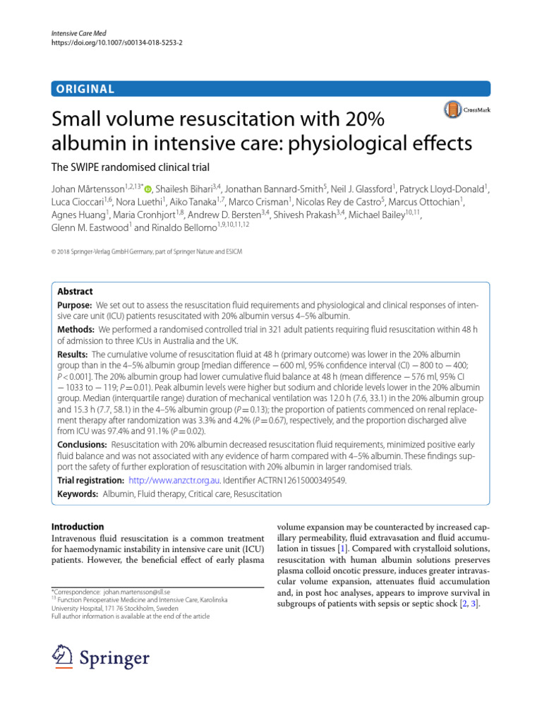 Small Volume Resuscitation With 20 Albumin in Intensive Care ...