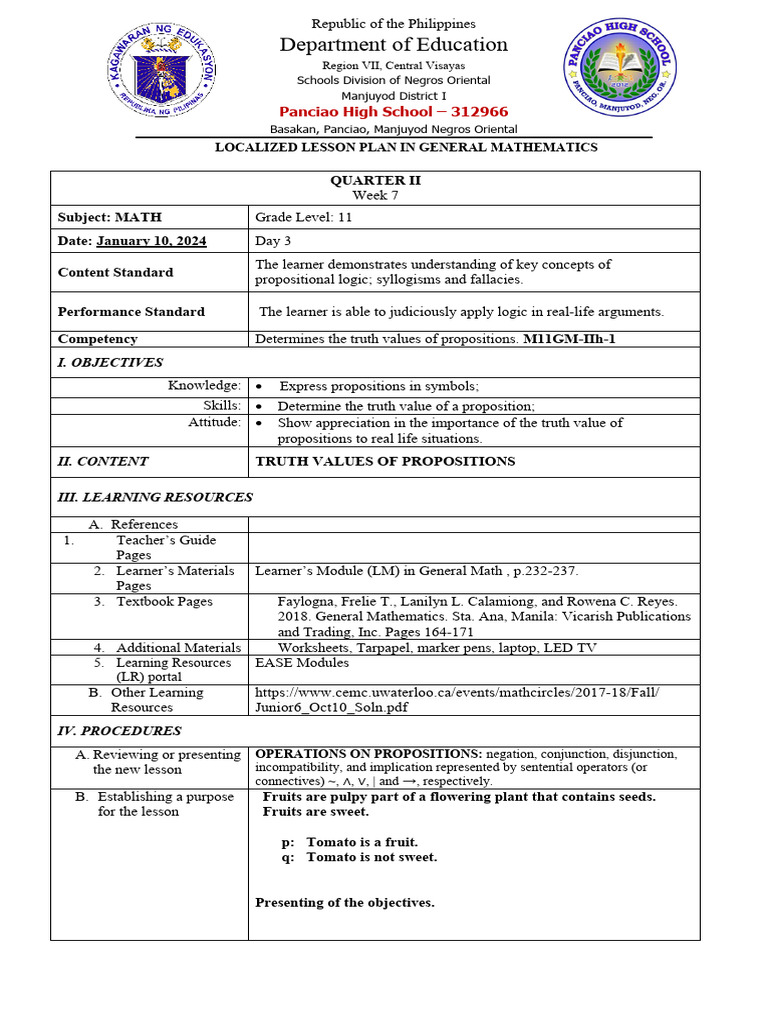 COT Q2 MATH11 Truth Values of Propositions | PDF | Learning | Logic
